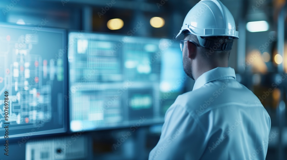 Control room in gas facility, engineers monitoring systems, high-tech ...