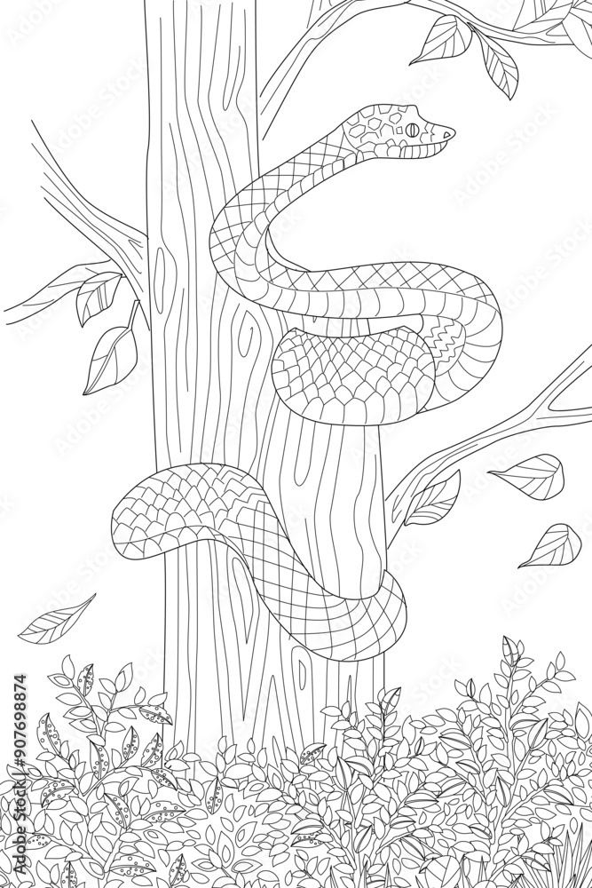 coloring book page for adults and children. snake coiled around a trunk ...