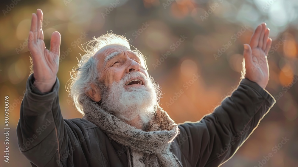 Joyful and peaceful old man, blessed and touched by grace, raising his ...