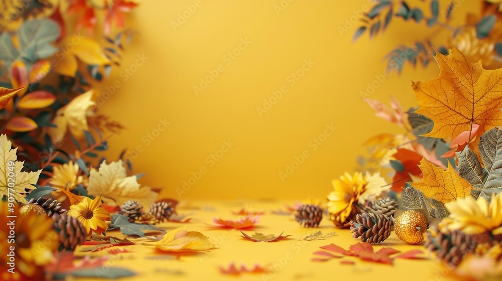 Autumn Display Decoration Background with Autumn Leaves in a room with ...