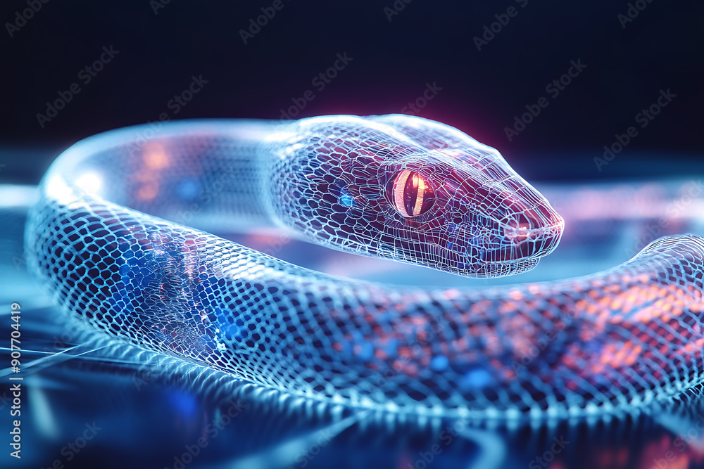 Innovative wireframe rendering depicting a snake on a glowing ...