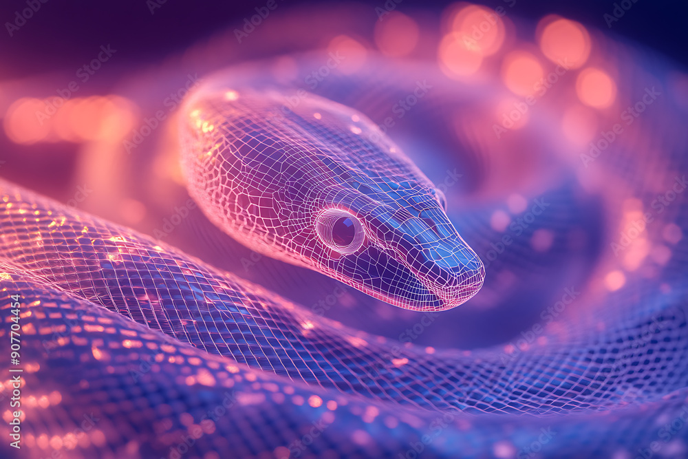 Innovative wireframe rendering depicting a snake on a glowing ...