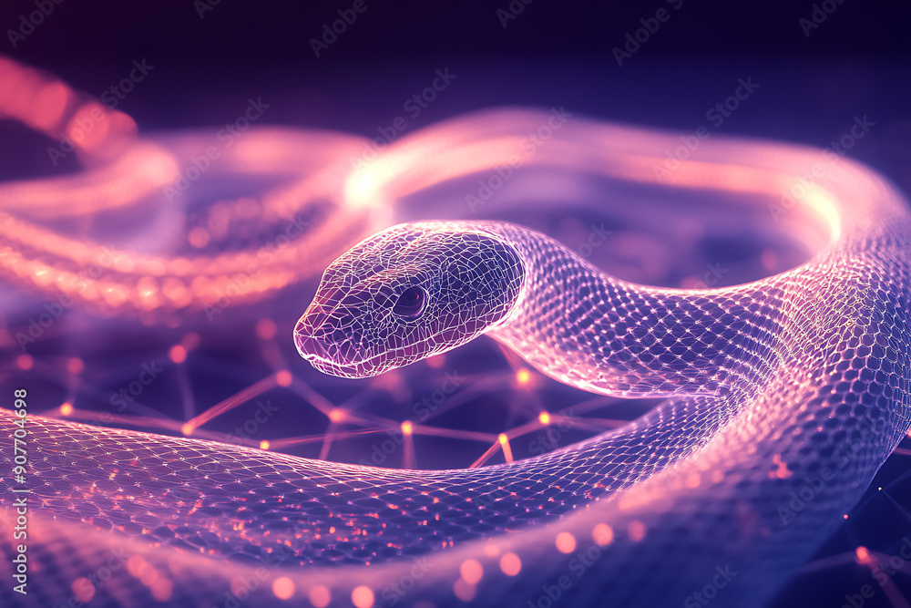 Innovative wireframe rendering depicting a snake on a glowing ...
