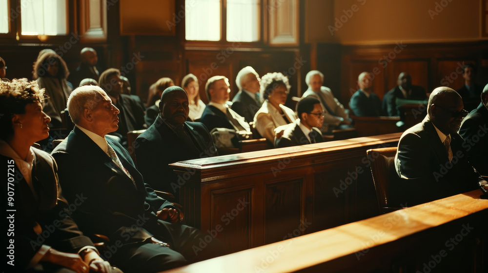 A serious group of diverse individuals in a courtroom, highlighting the ...