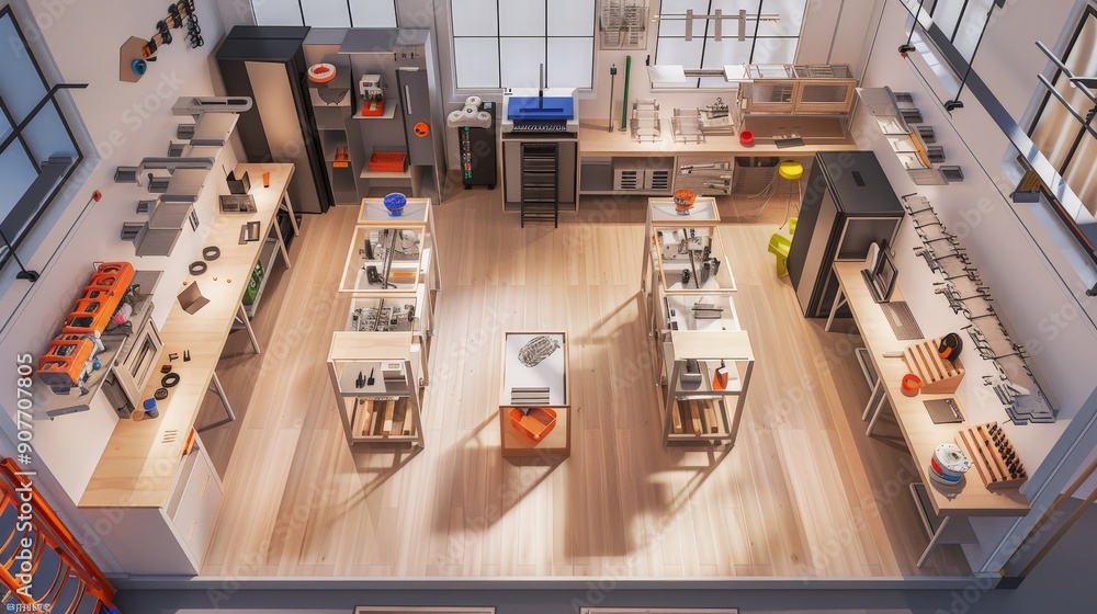 Picture a 3D makerspace with workbenches, tools, and 3D printers. Stock ...