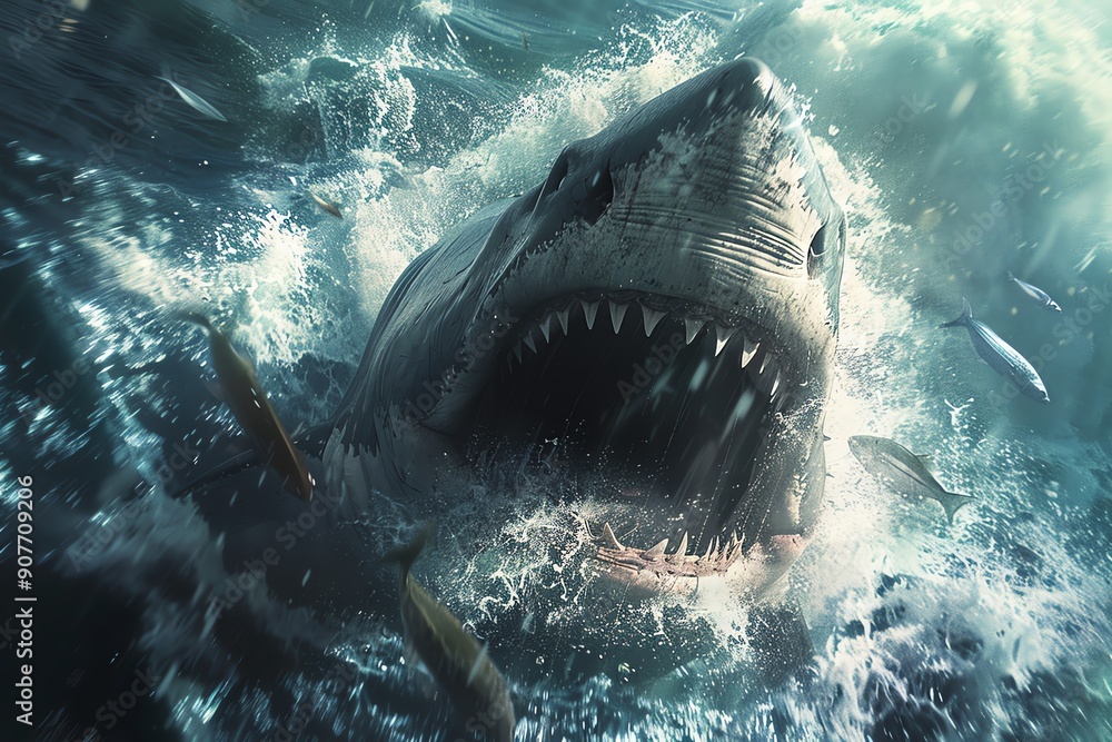 A dynamic scene of a Megalodon hunting a group of large fish, with the ...