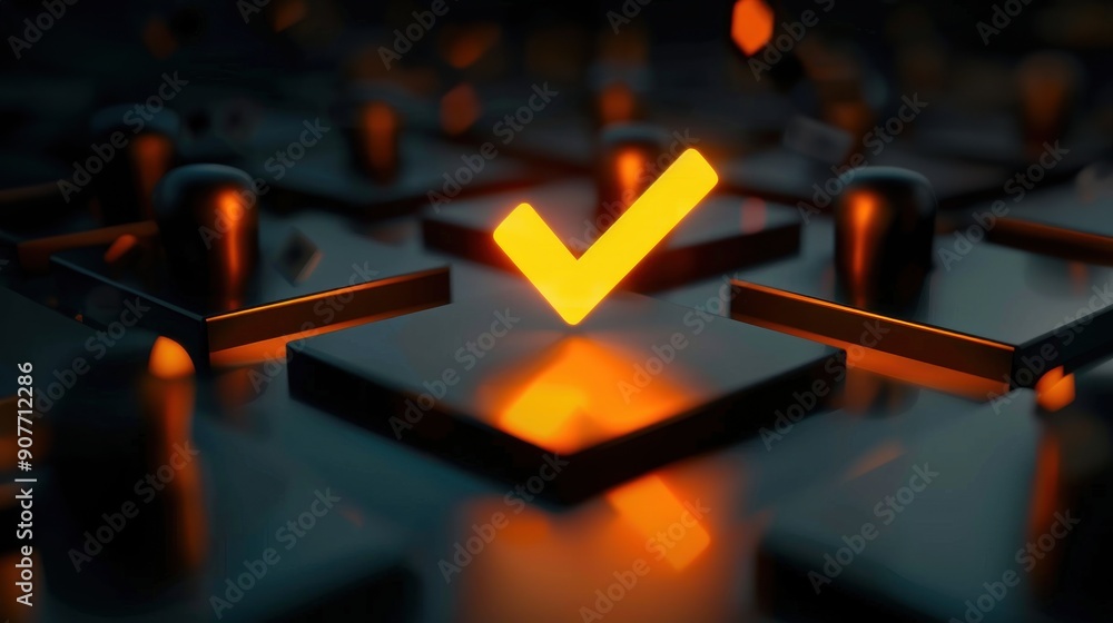 Glowing orange check mark on black background surrounded by other black ...