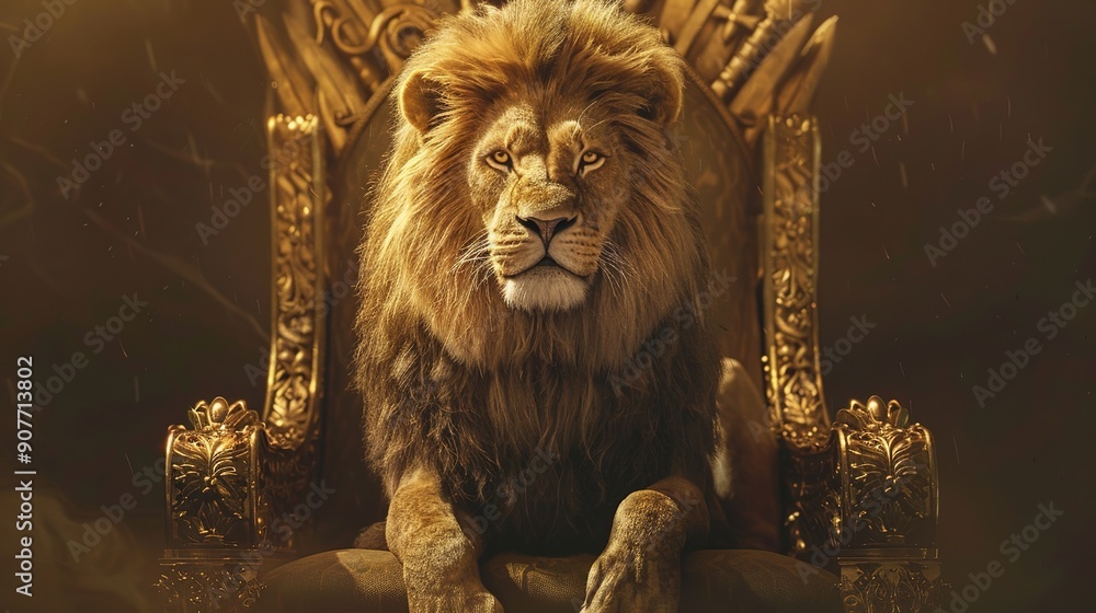 Lion king sitting on a golden throne, with a charismatic human attitude ...