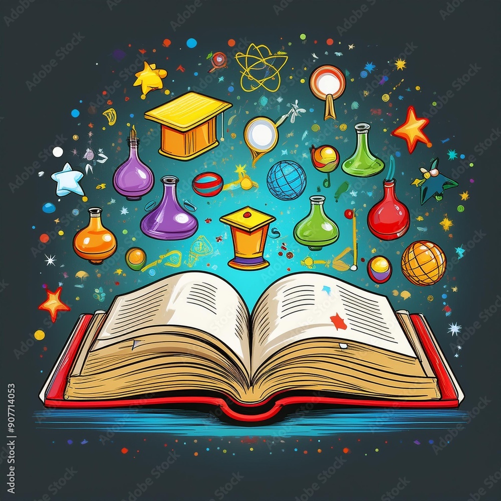 Education concept. E-learning design with open book and symbols of ...