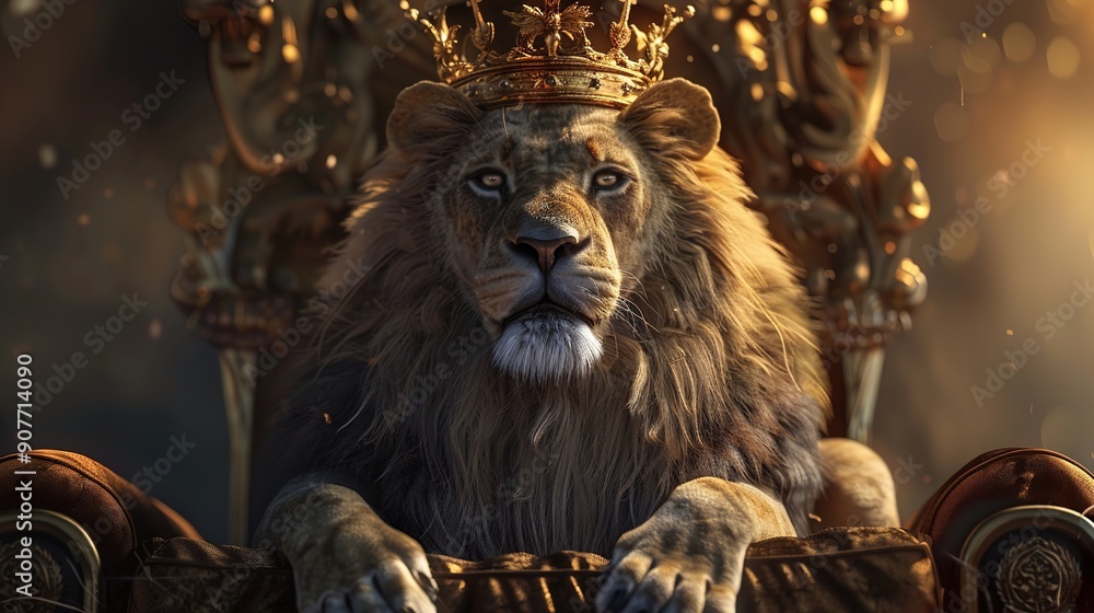 Lion king sitting on a throne, a golden crown on his head, with a ...