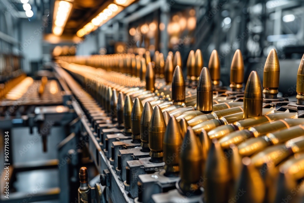155mm artillery shells in a factory assembly line, highlighting ...