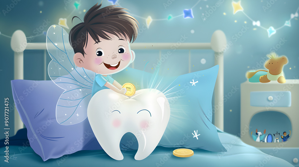 Cartoon character little tooth fairy boy with a gold coin sitting on a ...