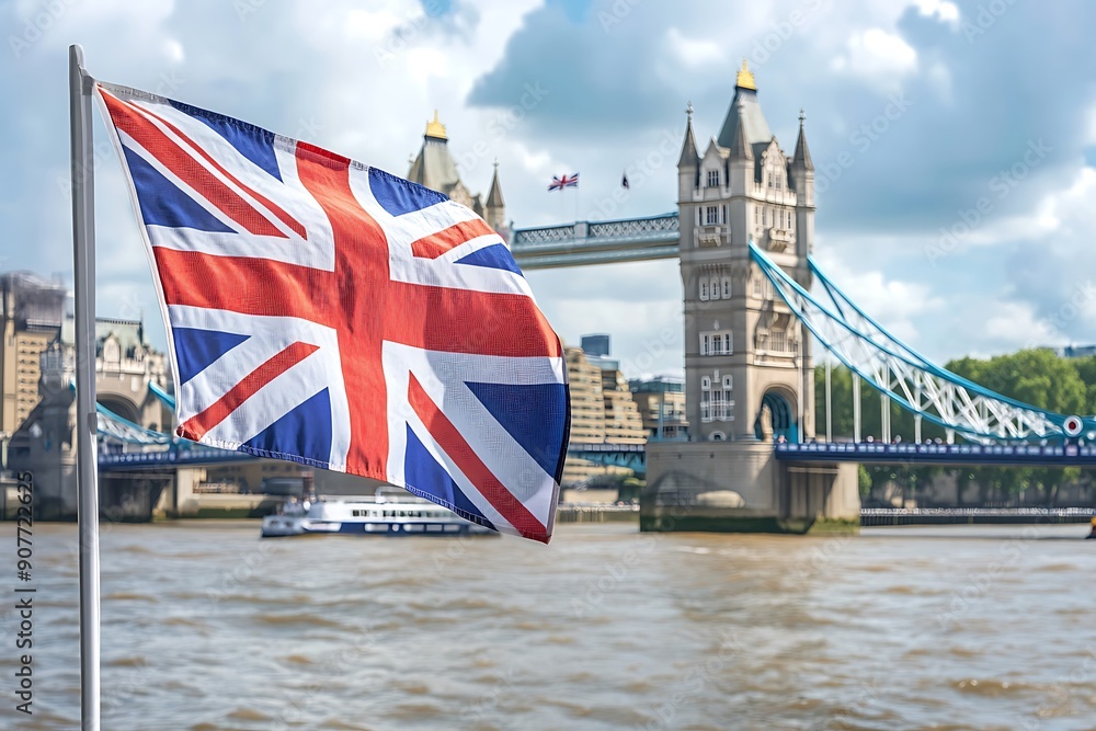 British Union Jack flag flying in front of classic blue sky view of ...