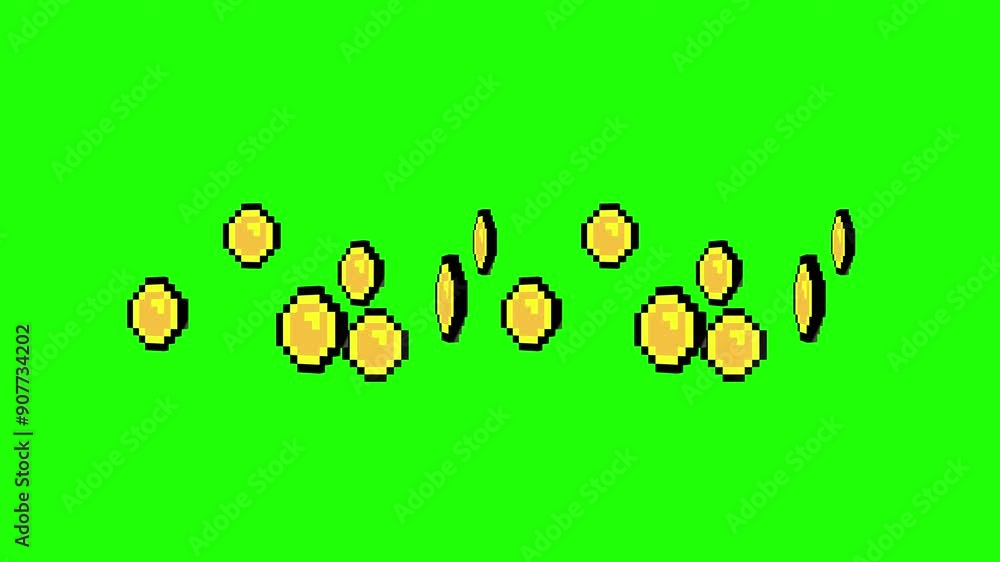 Retro 8-bit 3d gold coins spinning in the air green screen and overlay ...