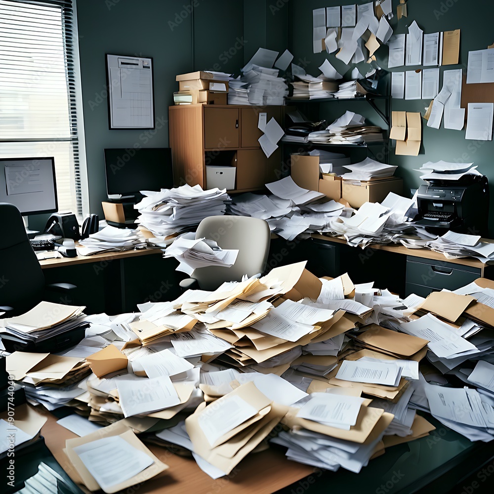 Cluttered small office with scattered document piles, messy workplace ...