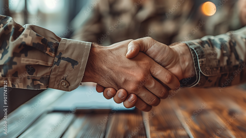 Military personnel in camouflage uniforms shake hands, symbolizing ...