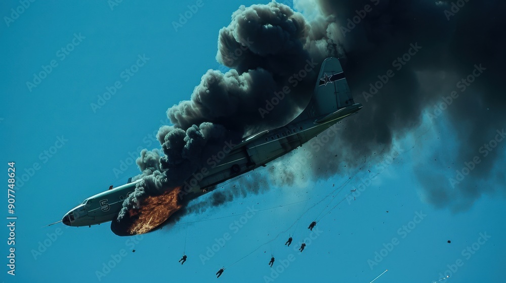 Russian soldiers parachuting in the background Russian military plane ...