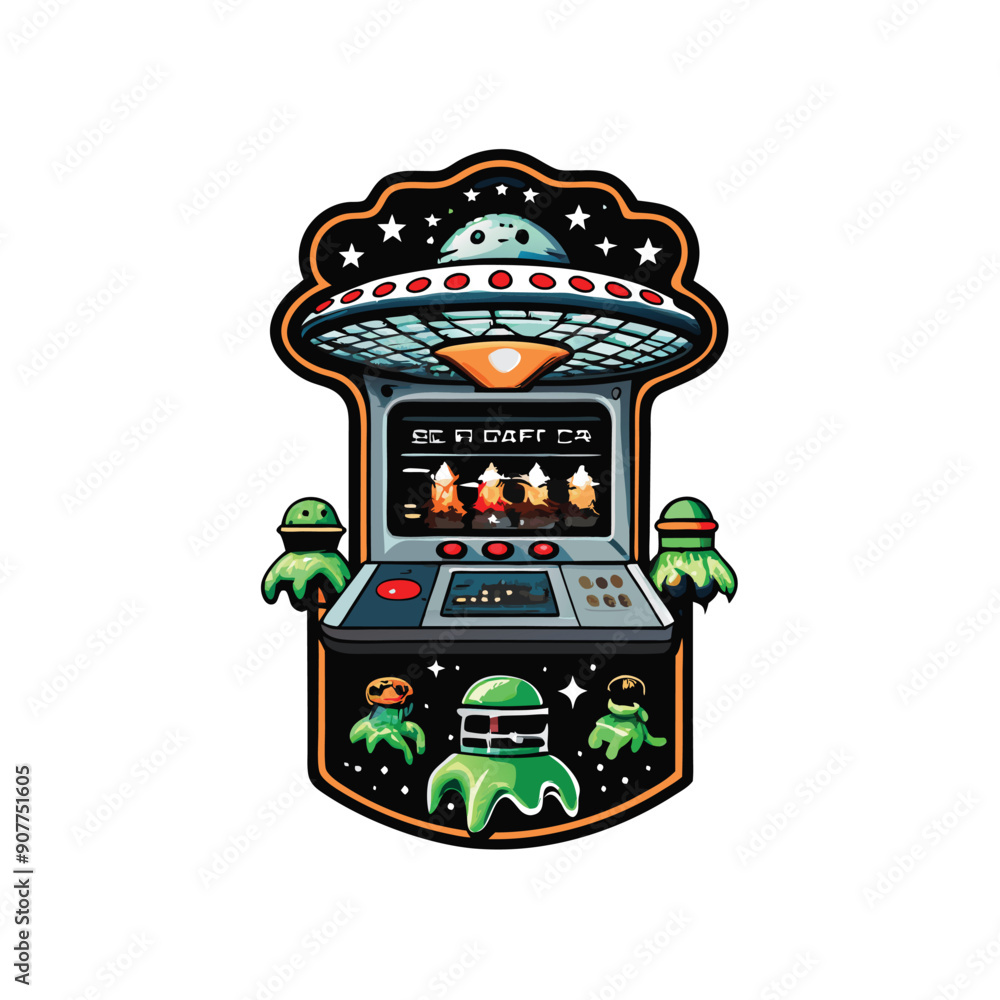 Vintage arcade cabinet with an alien spaceship and 8-bit graphics ...