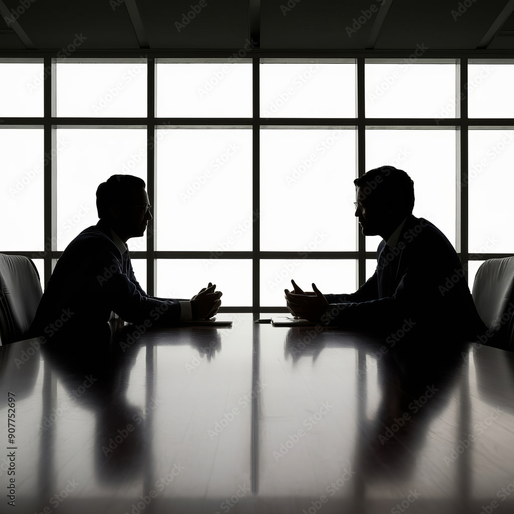 Two men sit across from each other at a conference table. Realistic ...