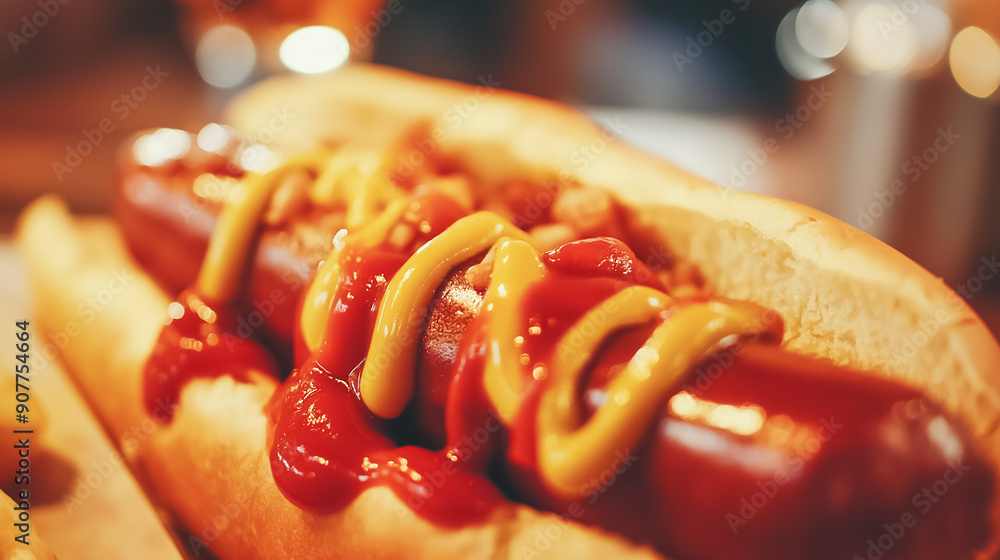 Tasty hot dog with zesty mustard, tangy ketchup, and fresh toppings in ...