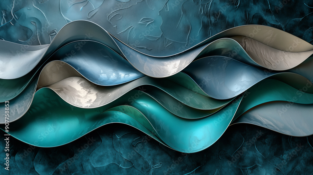 Abstract waves of metallic textures in shades of blue, green, and ...