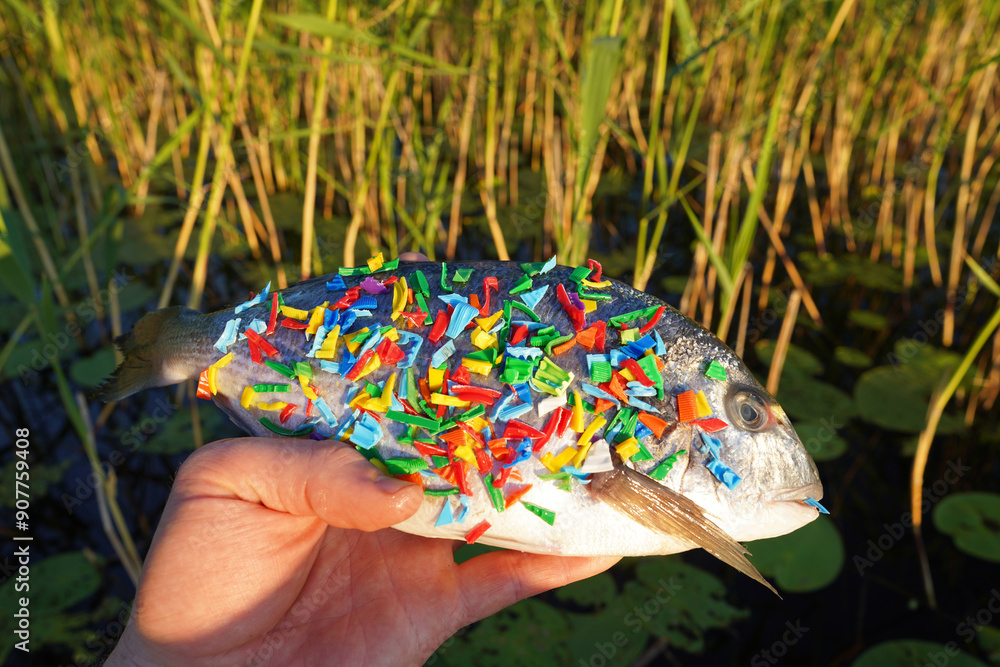 Microplastics in Fish. Dead fish in sea, eats plastic waste. Ocean ...
