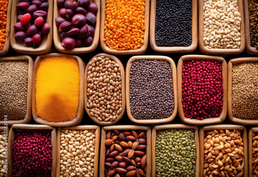 colorful variety seeds pulses displayed beautiful arrangement ...
