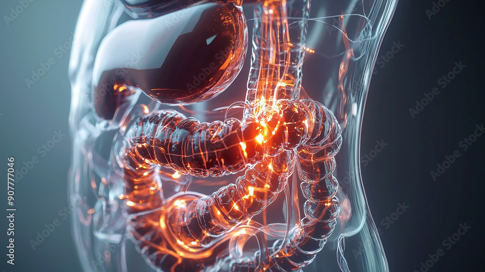 3D render of the large intestine, colon, and rectum in an X-ray style ...