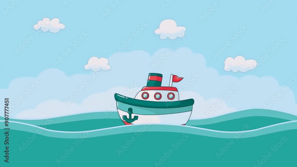 Cartoon boat animation on the sea with clouds Stock Video | Adobe Stock