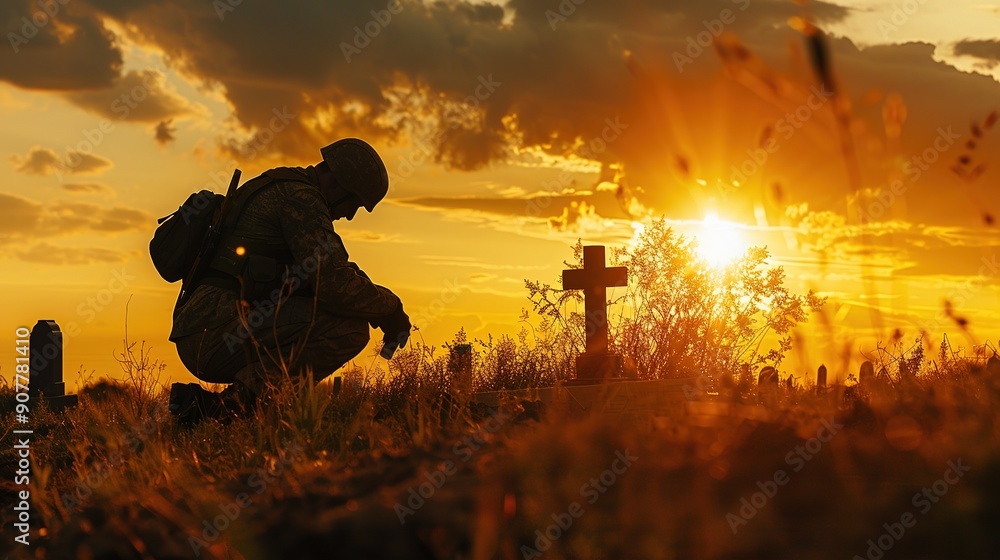 Military man kneeling of grave fallen soldier, sunset. Concept veteran ...