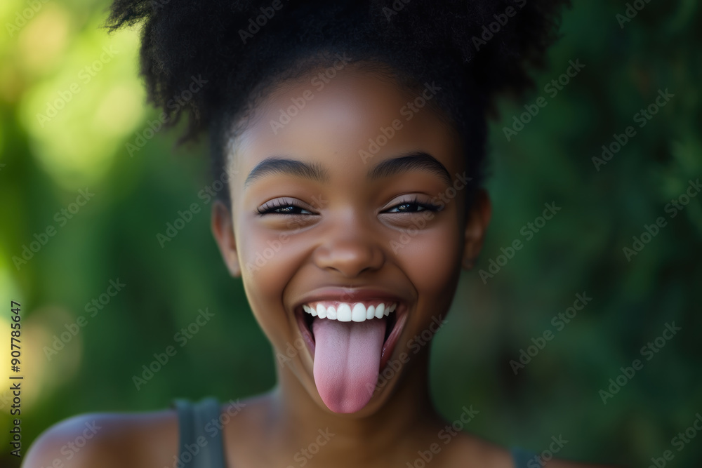 Happy black teenage girl showing tongue and smiling, copy space in ...