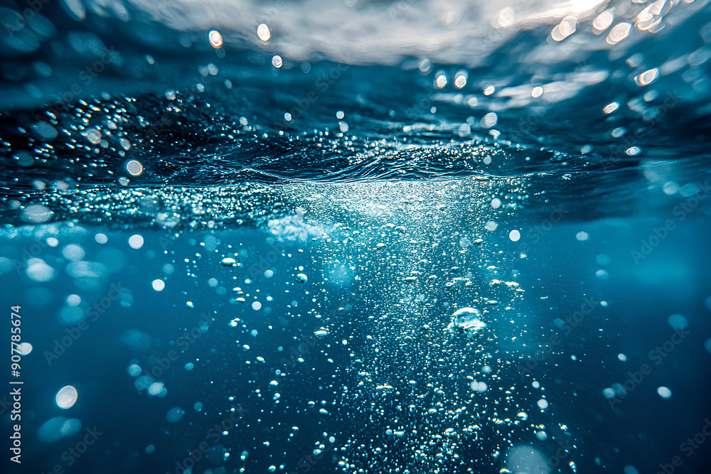 Underwater view with bubbles rising to the surface in a deep blue ocean ...
