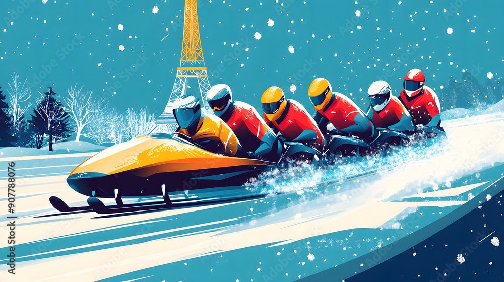 Olympic Paris 2024, bobsleigh team racing down the track with the ...