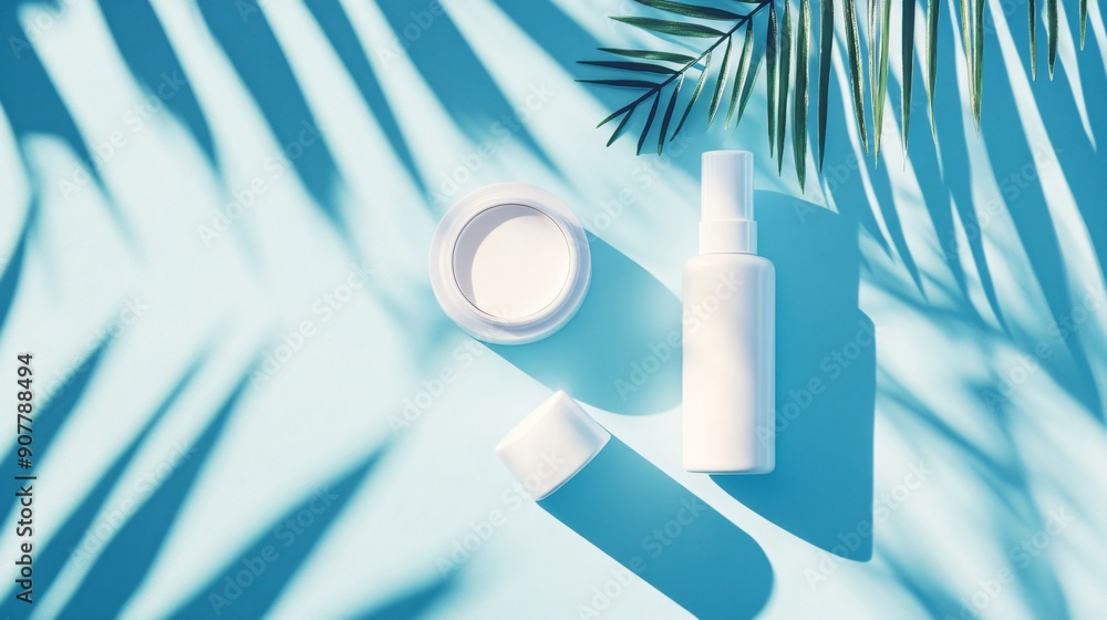 Selection of sunscreen in a jar and cosmetic tube with SPF cream on a ...