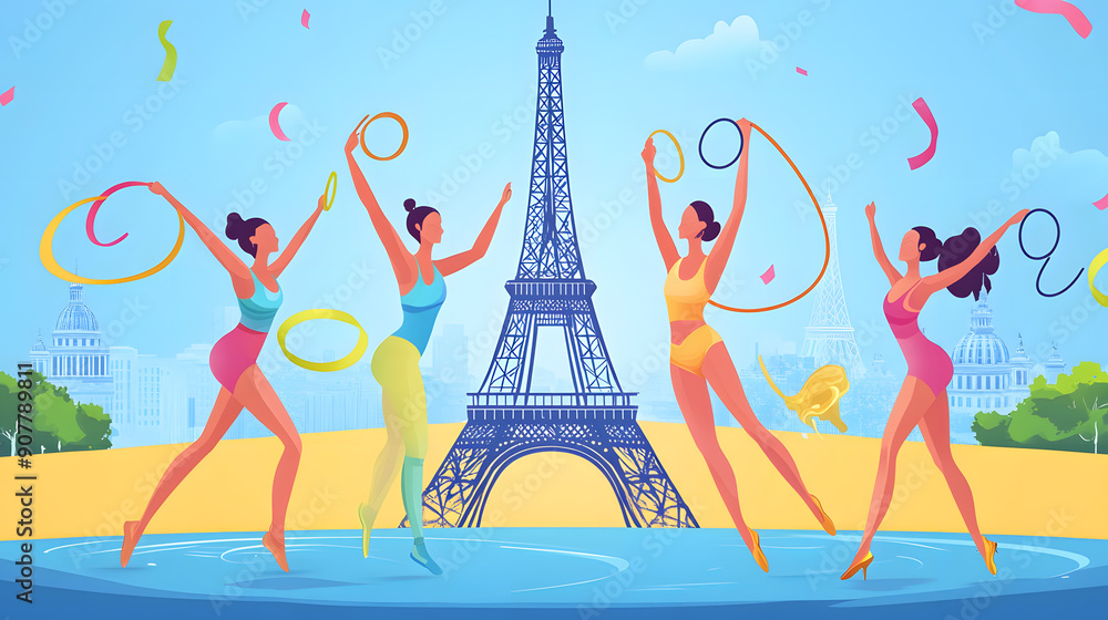 Olympic Paris 2024, rhythmic gymnasts performing with ribbons and hoops ...