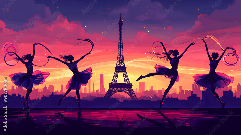 Olympic Paris 2024, rhythmic gymnasts performing with ribbons and hoops ...