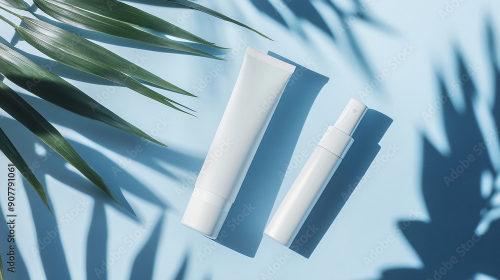 Selection of sunscreen in a jar and cosmetic tube with SPF cream on a ...