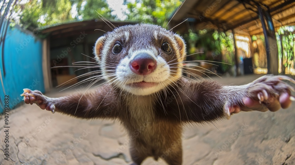 A baby ferret with a playful expression and long body stretches towards ...