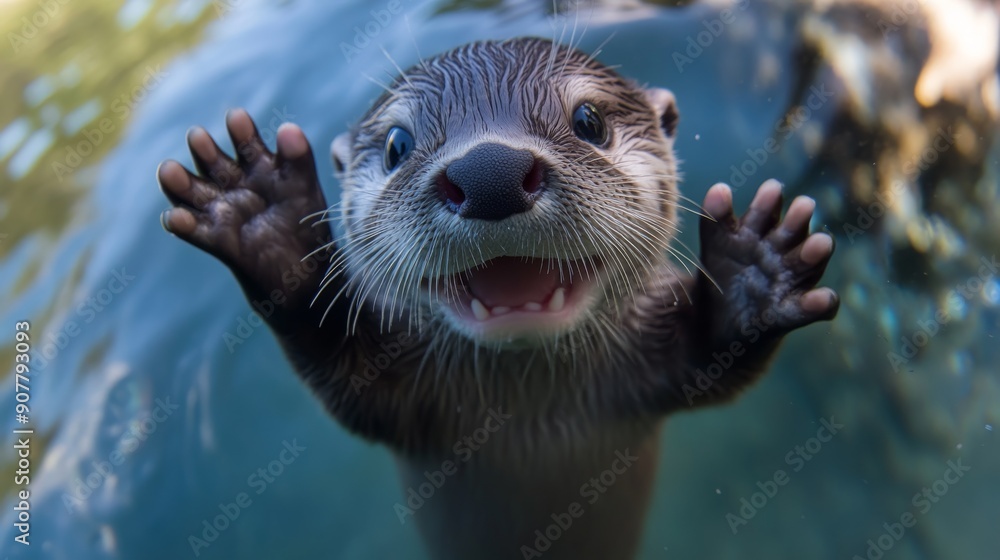 A baby otter with a joyful smile and tiny paws reaches out, taking a ...