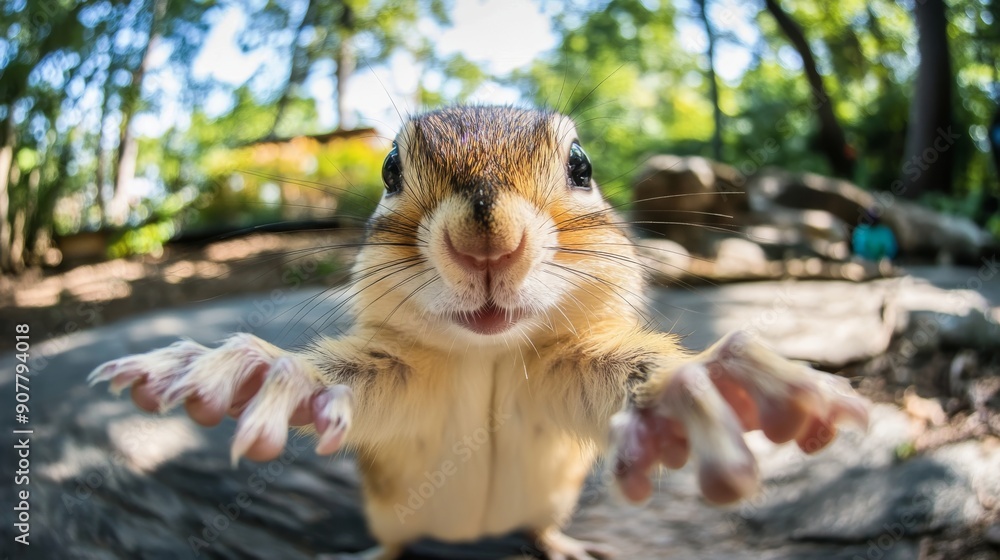 A baby chipmunk with a joyful smile and tiny paws reaches out, taking a ...