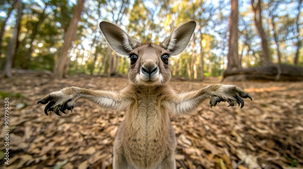 A baby kangaroo with a sweet smile and big eyes extends its tiny arms ...