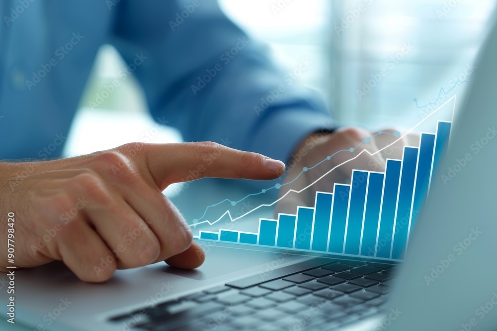 An upward graph of business growth on a virtual screen with digital ...