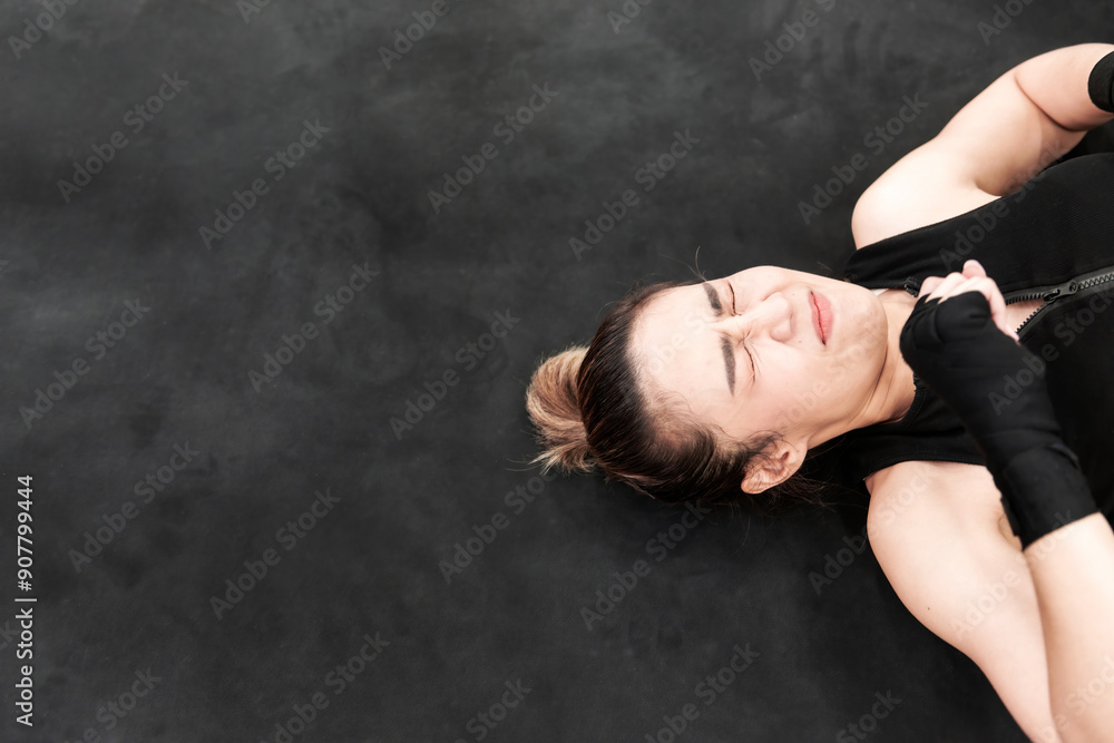 boxing shocked woman with gloves fall down. female boxer athletic ...