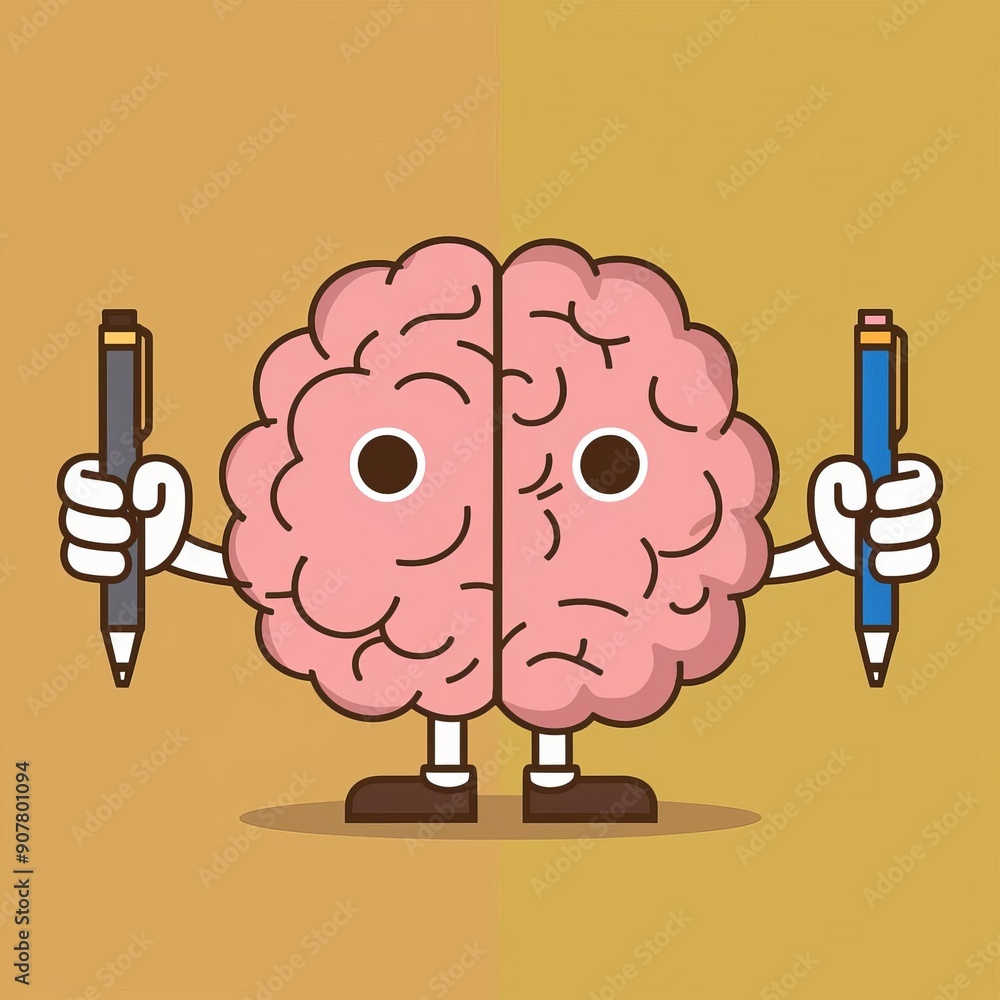 Cartoon brain divided into two halves, holding pens in left and right ...