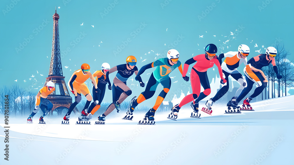 Olympic Paris 2024, roller speed skaters racing with the Eiffel Tower ...