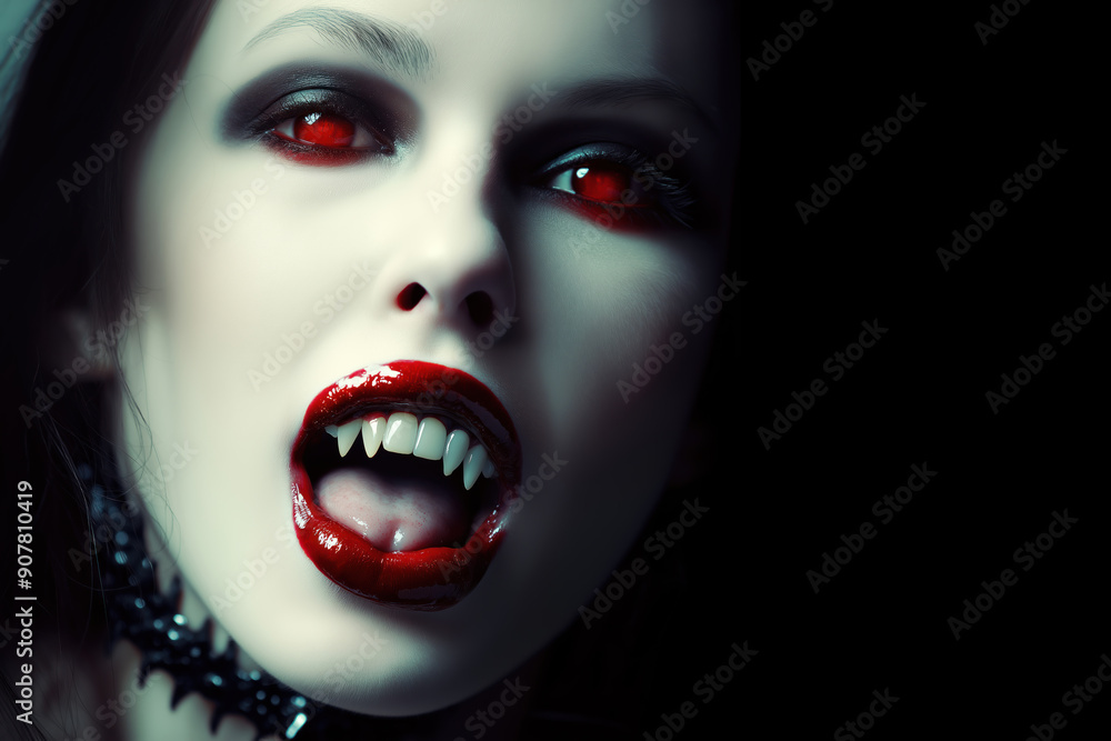 Beautiful pale female vampire woman with red lips, sharp teeth and red ...