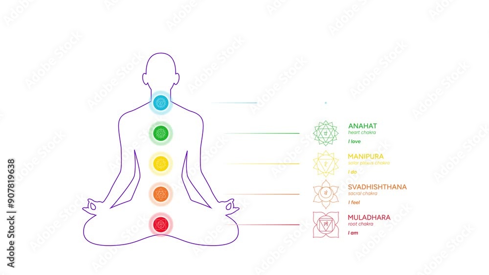 Chakras infographic, names, titles, line art symbol icons 4K motion ...