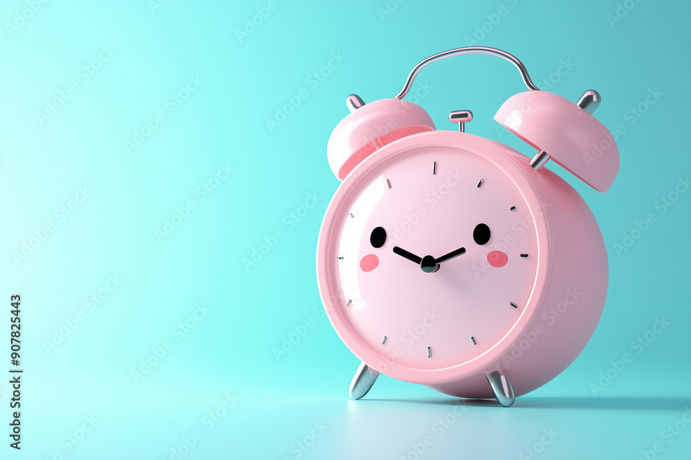 Cute pink alarm clock on pastel blue background, in a minimalistic ...