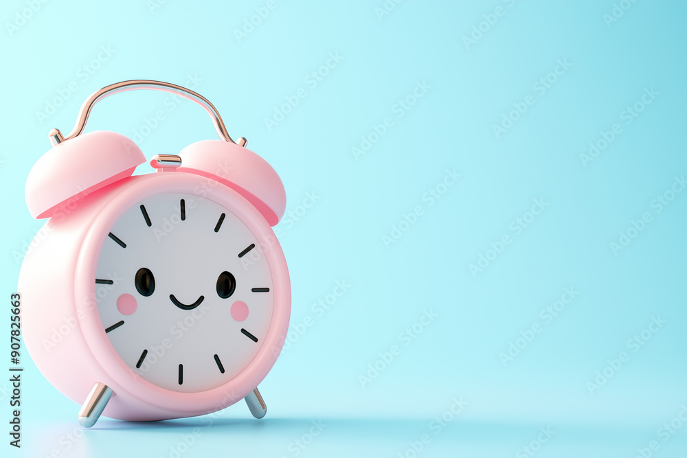 Cute pink alarm clock on pastel blue background, in a minimalistic ...