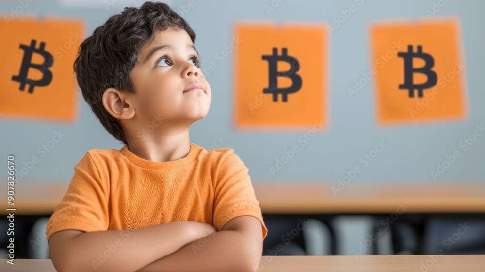 Child in a classroom with bitcoin posters on the wall, digital currency ...